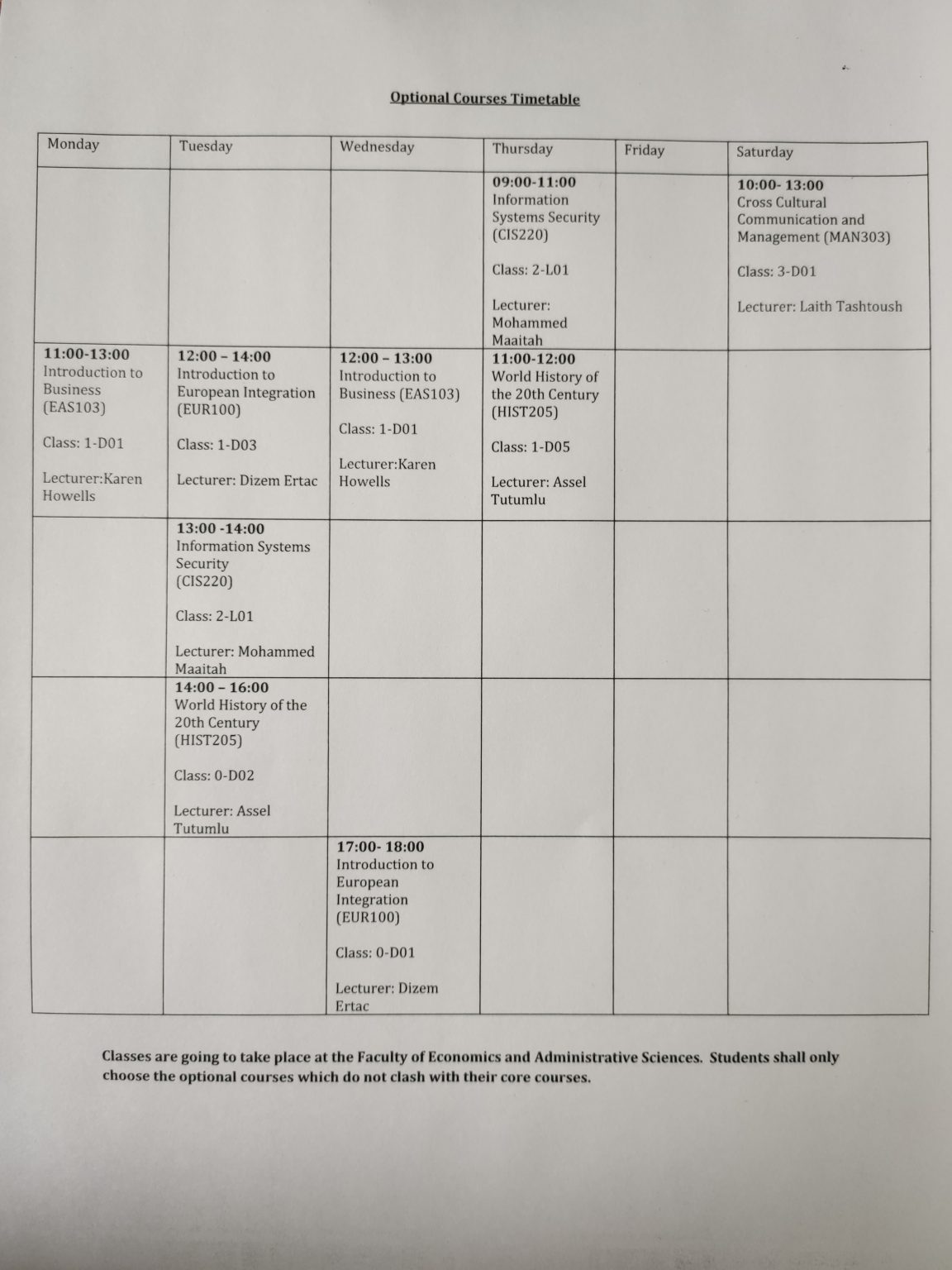 Optional Courses Timetable – Spring Term – 2019/2020 – NEU – Faculty of ...