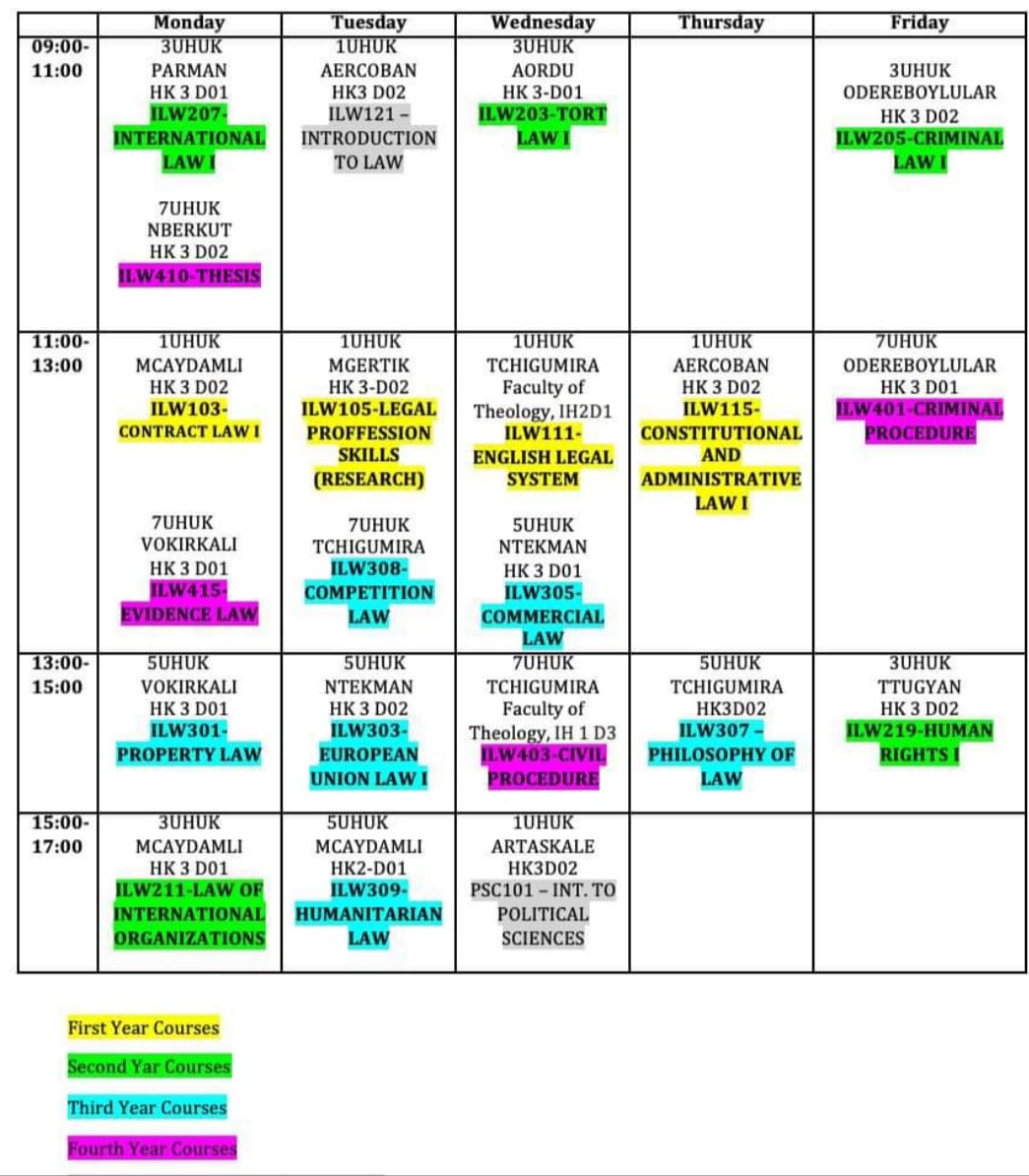 Timetable – NEU – Faculty of Law – International Law Department