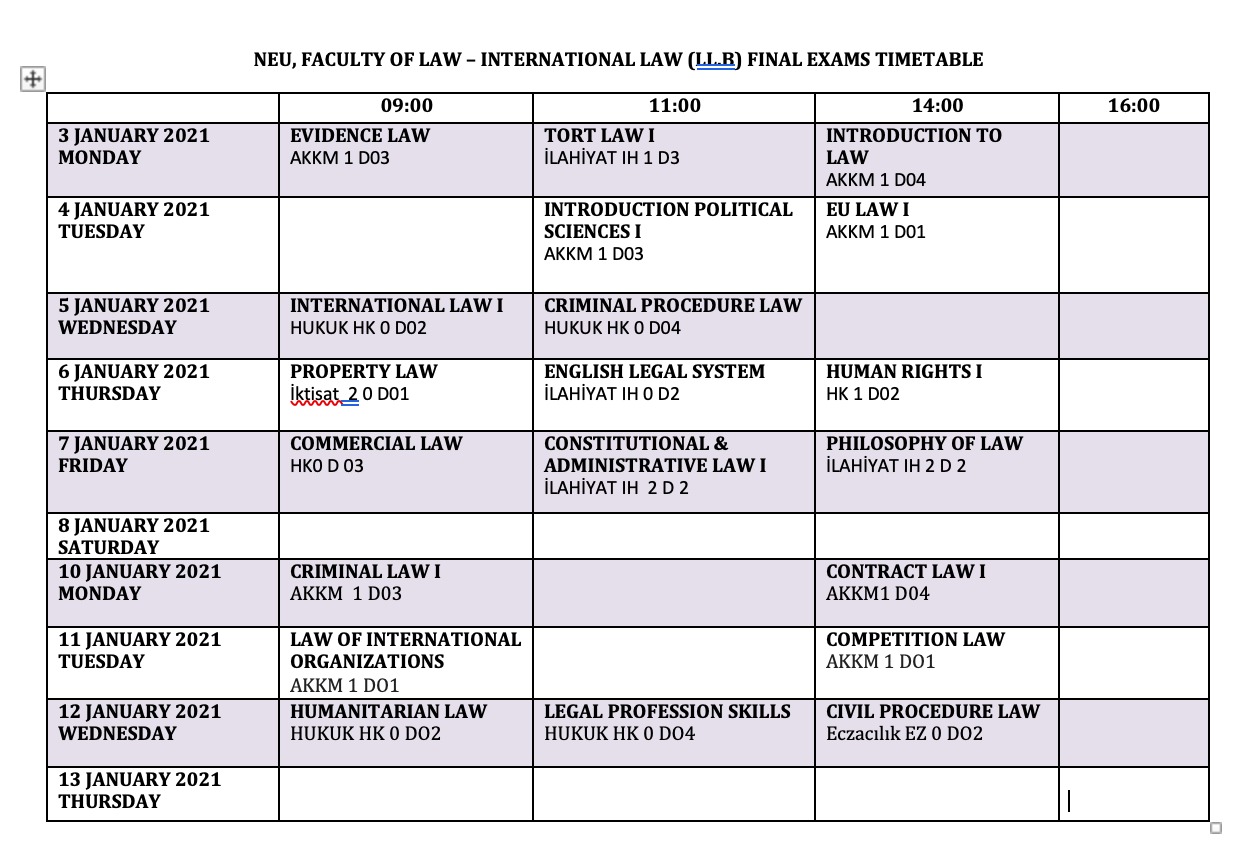 Final Exams Timetable – Fall Term 2021/2022 – NEU – Faculty of Law ...