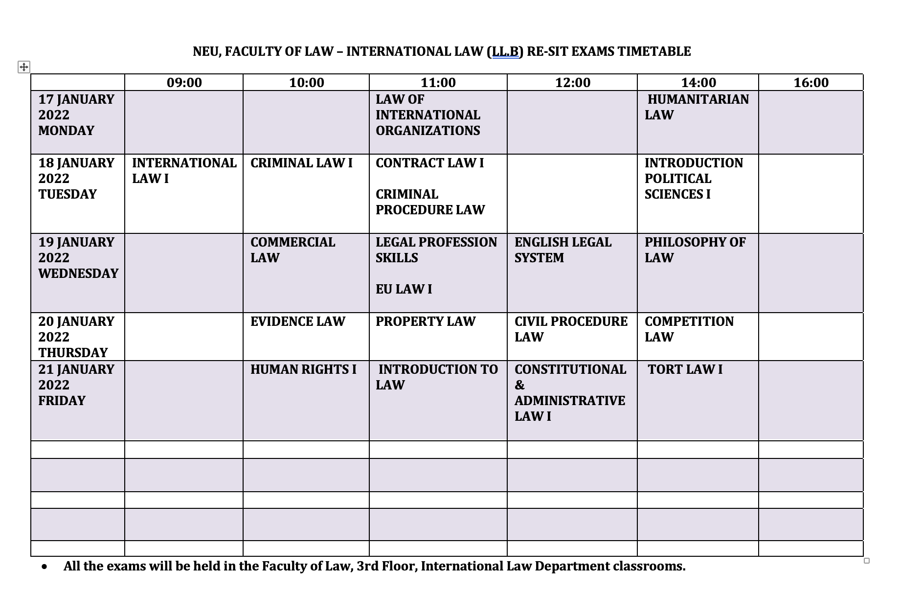 Re-sit Exams Timetable Fall 2021/2022 – NEU – Faculty of Law ...