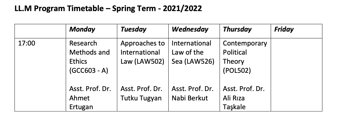 LL.M Program Timetable – NEU – Faculty of Law – International Law ...