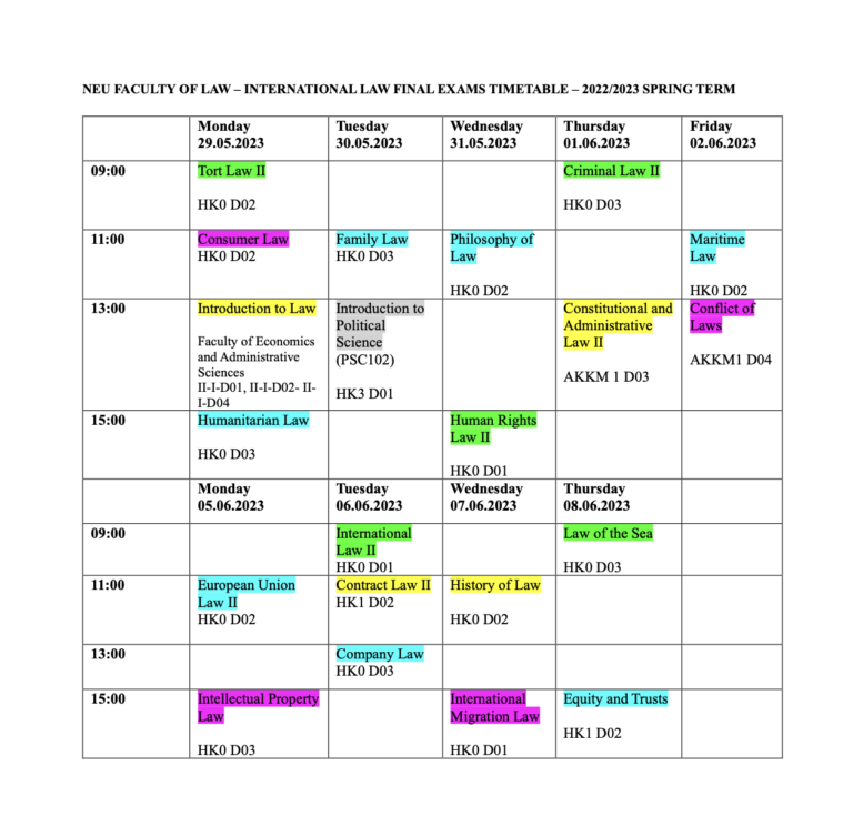 Final Exams Timetable – Spring Term 2022/2023 – NEU – Faculty of Law ...
