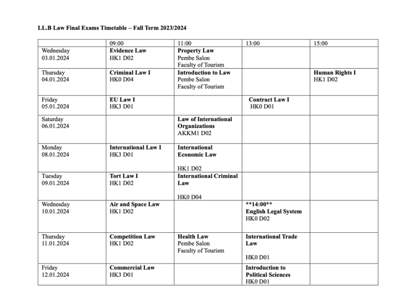 Final Exams Timetable – Fall Term 2023/2024 – NEU – Faculty of Law ...