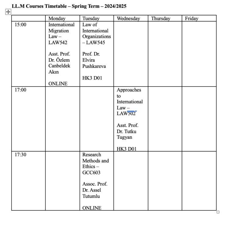 LL.M Courses Timetable – Spring Term – 2024/2025 – NEU – Faculty of Law ...