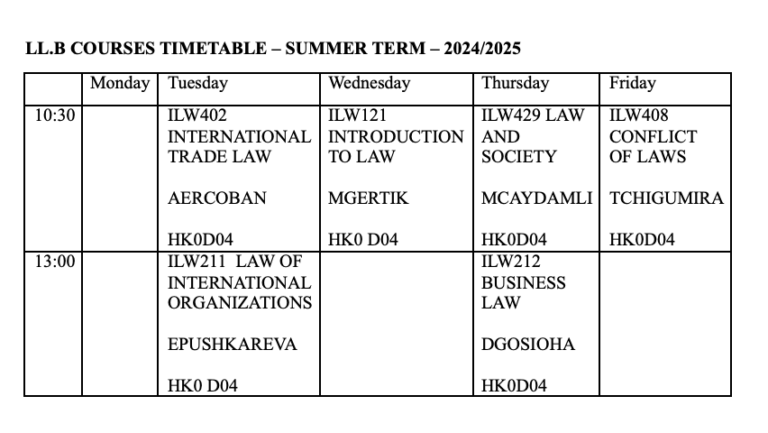 LL.B Law Courses Timetable – Summer Term 2024/2025 – NEU – Faculty of ...